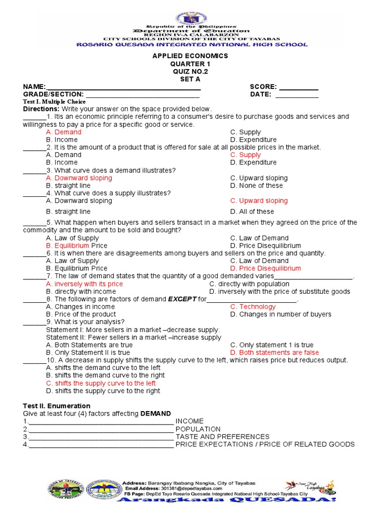 Quiz No.2 - Applied Economics | PDF | Supply (Economics) | Demand