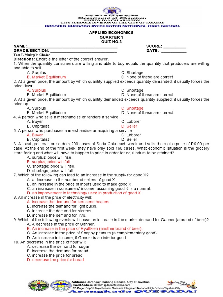Quiz No.3 - Applied Economics | PDF | Economic Surplus | Prices