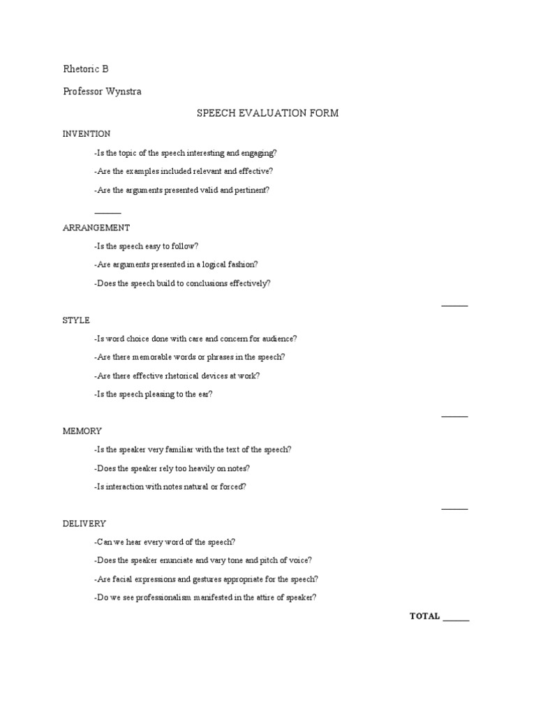 Speech Evaluation Criteria Checklist | PDF