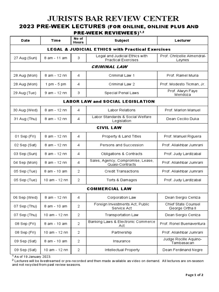2023 Schedule of Pre Week Lectures | PDF | Common Law | Government