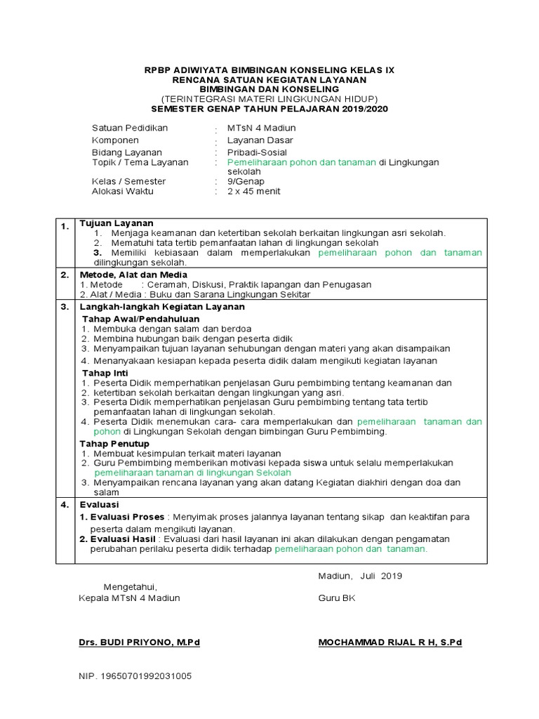 Adiwiyata - RPBP ADIWIYATA BK 1 LEMBAR | PDF