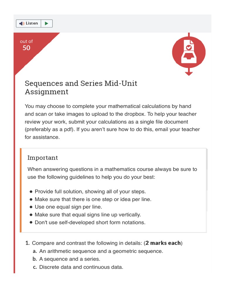 Sequences and Series Mid-Unit Assignment: Important | PDF | Sequence | Mathematics