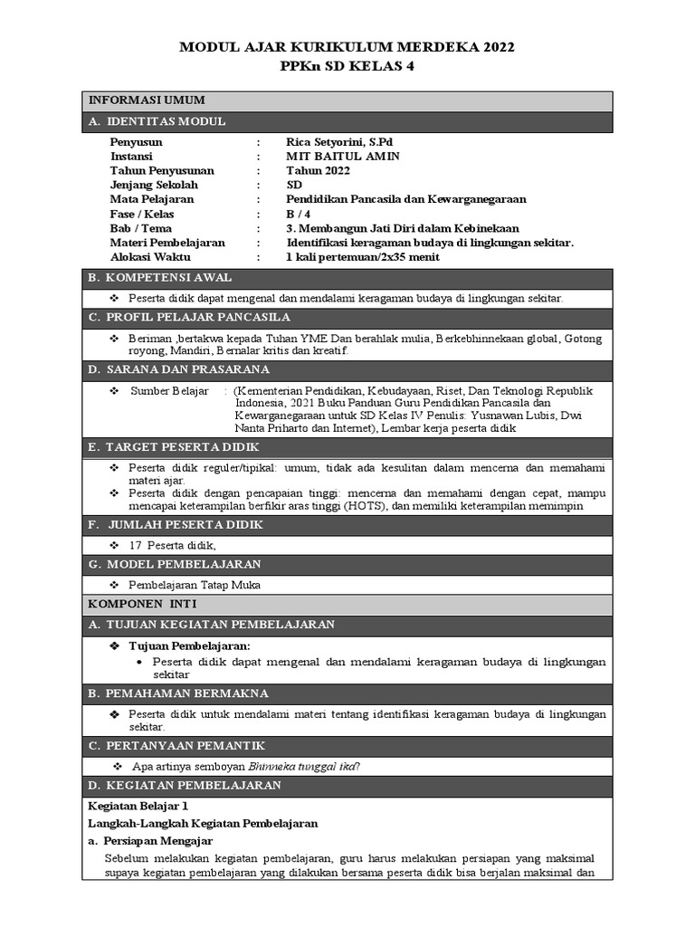 RPP Kurikulum Merdeka 2022 Rica | PDF