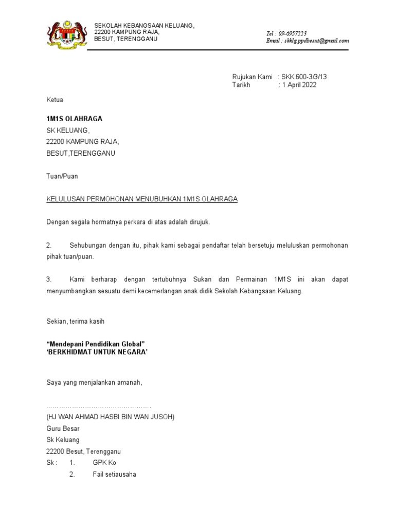 Surat Kelulusan Permohonan Kelab | PDF