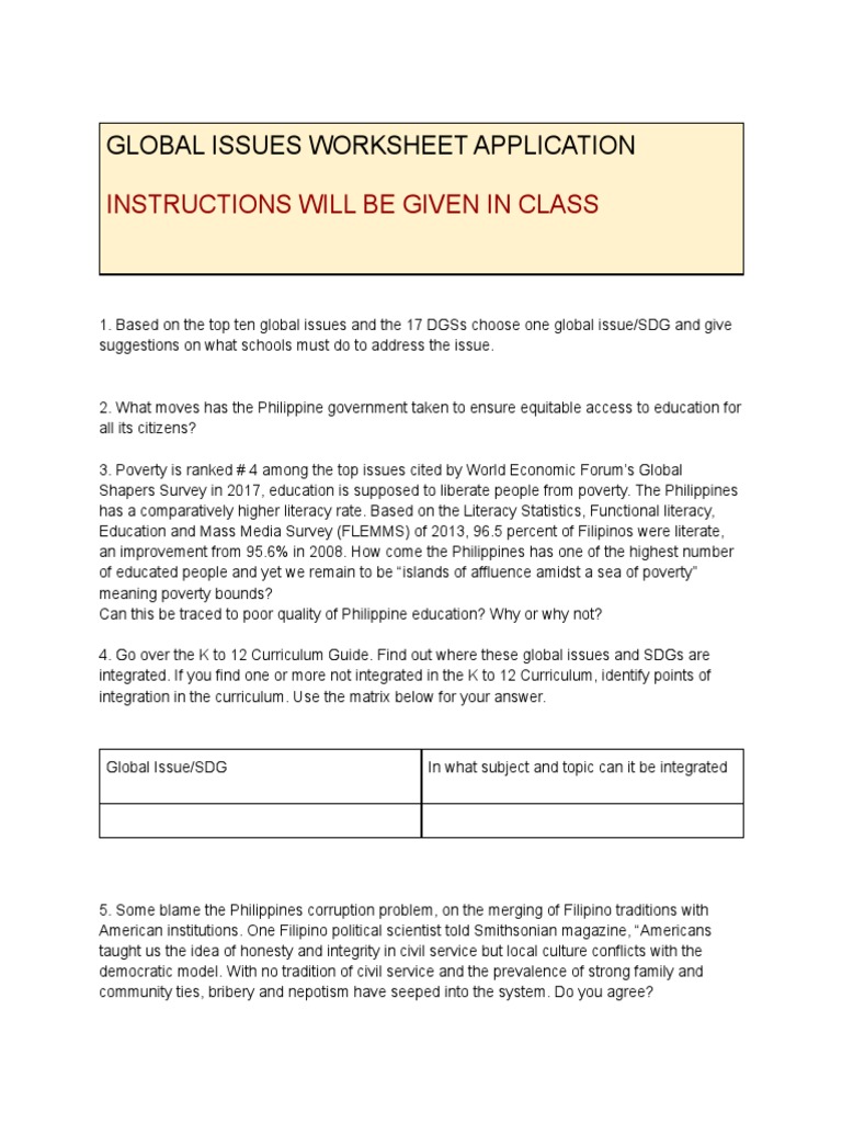 Global Issues Worksheet Application: Instructions Will Be Given in ...
