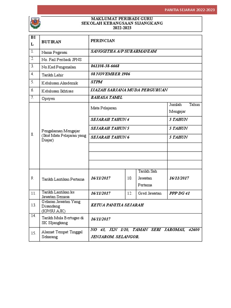 Borang Guru Panitia Sejarah 2022-2023 | PDF