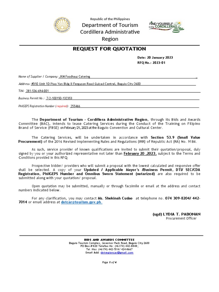 Baguio Catering RFQ for FBSE Training | PDF | Liquidated Damages | Banks