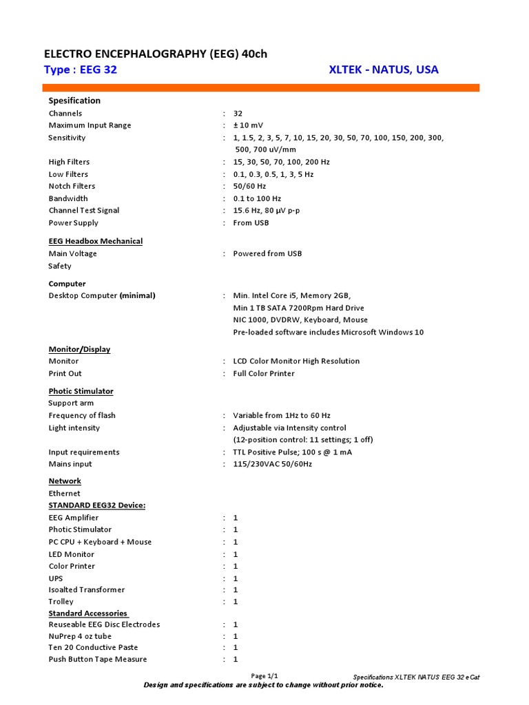 XLTEK NATUS 32-Channel EEG Specs | PDF | Electroencephalography | Usb