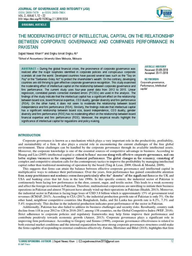 The Moderating Effect of Intellectual Capital On The Relationship Between Corporate Governance ...