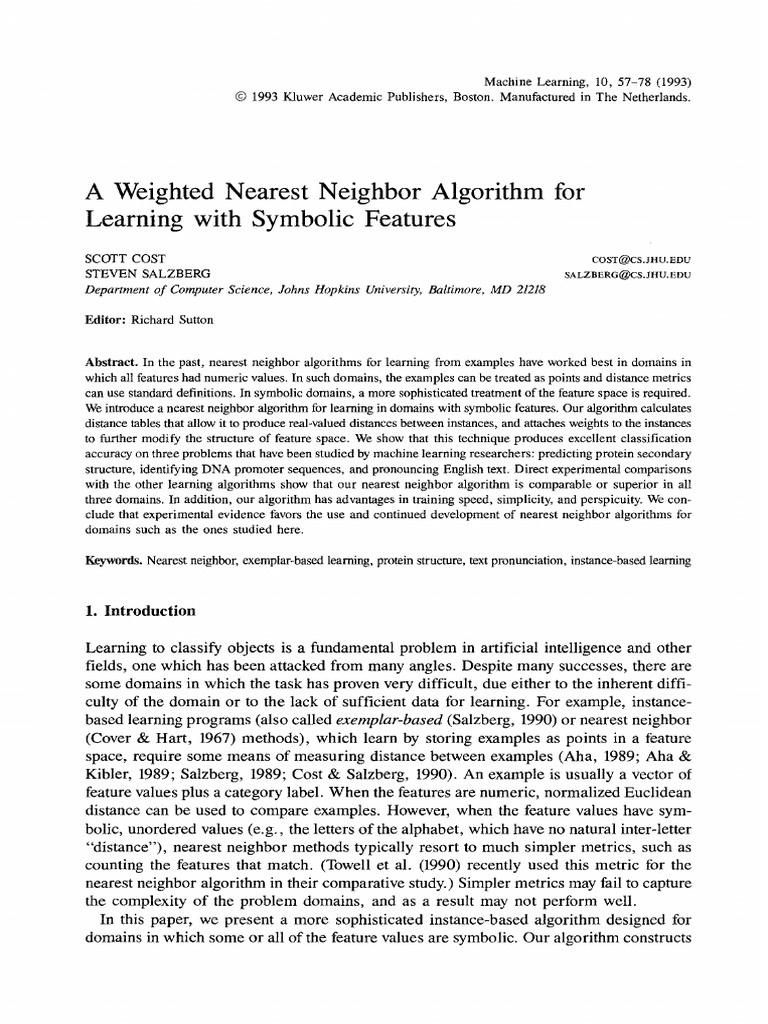 A Weighted Nearest Neighbor Algorithm For Learning With Symbolic Features | PDF | Statistical ...