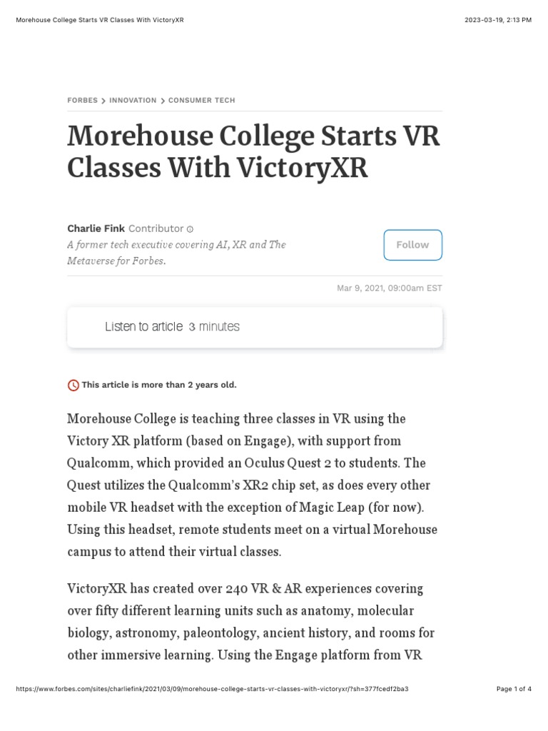 Morehouse College Starts VR Classes With VictoryXR | Download Free PDF ...