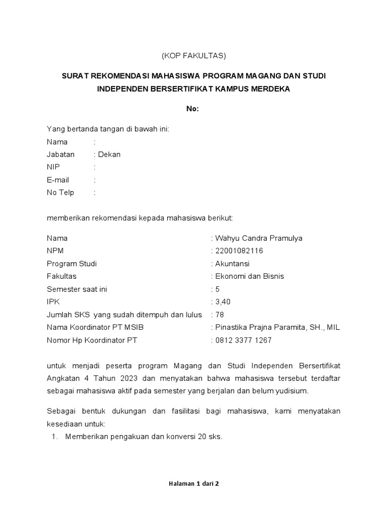 (Template) Surat Rekomendasi PT Untuk Mahasiswa Program MSIB Angkatan 4 ...