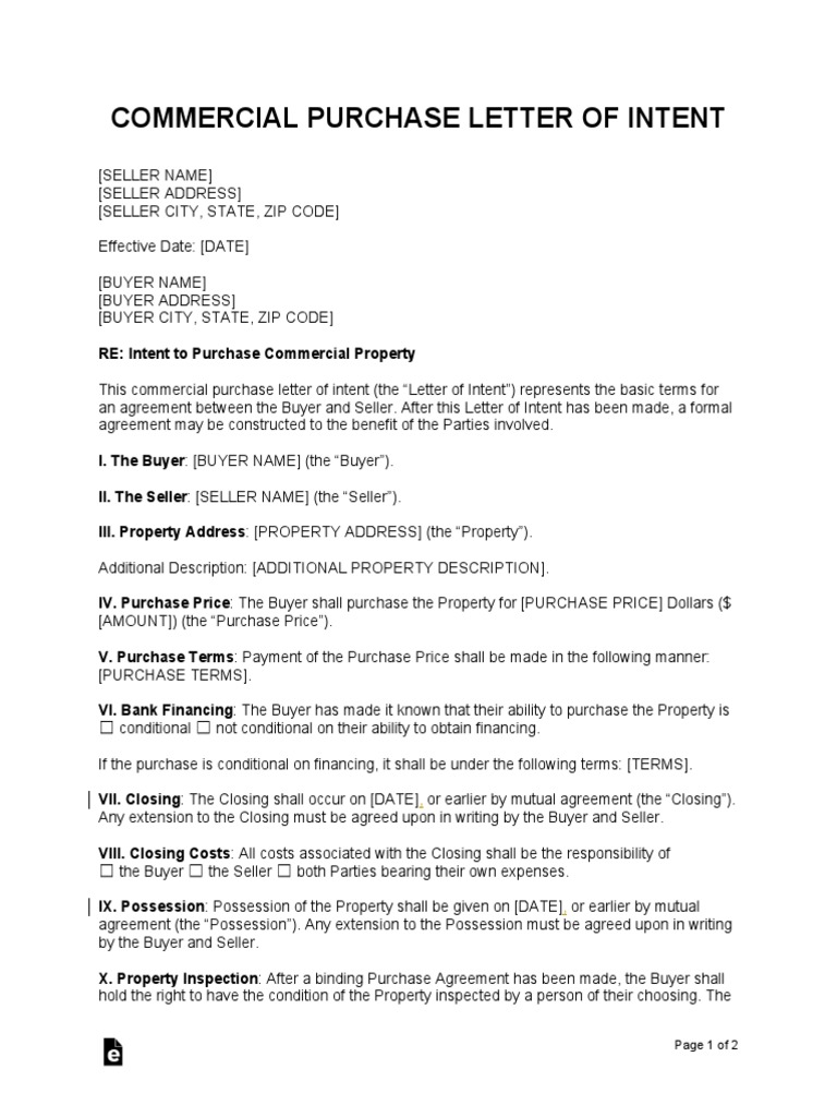 Commercial Purchase Letter of Intent | PDF | Sales | Prices