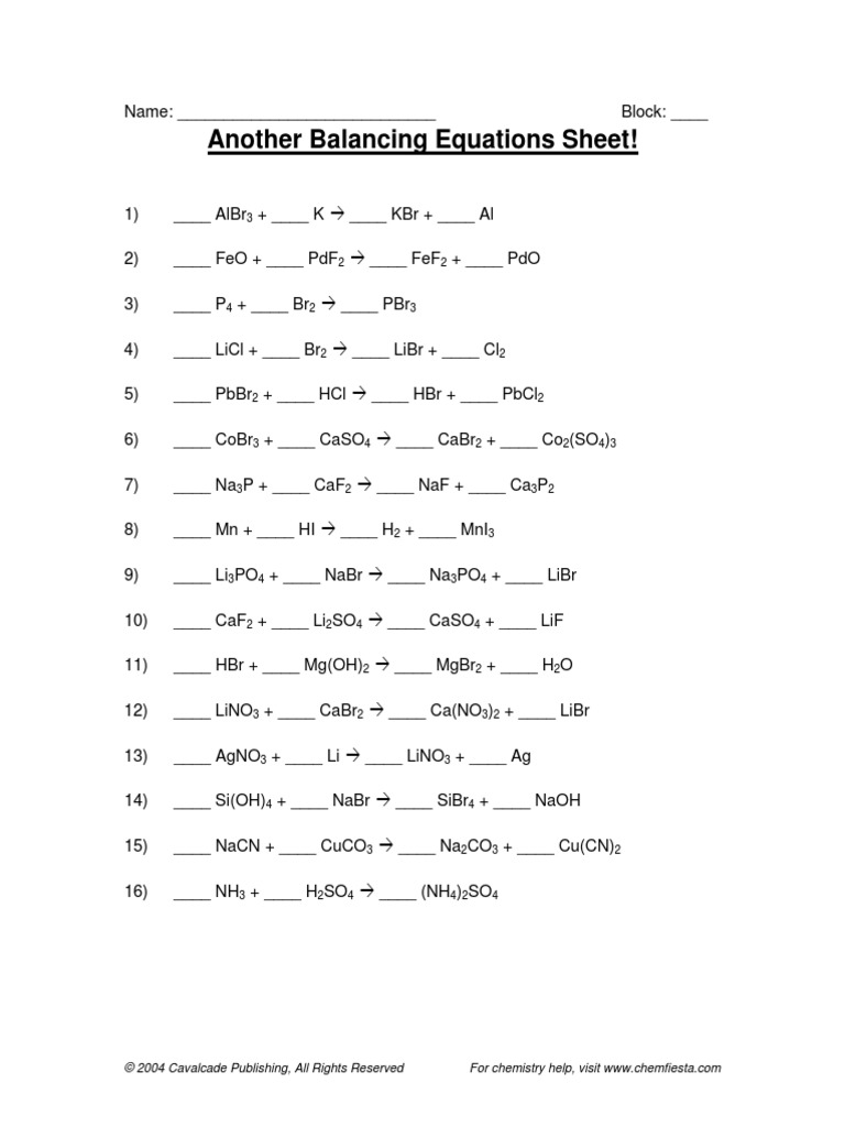 Balancing Equations 20 | PDF | Chemistry