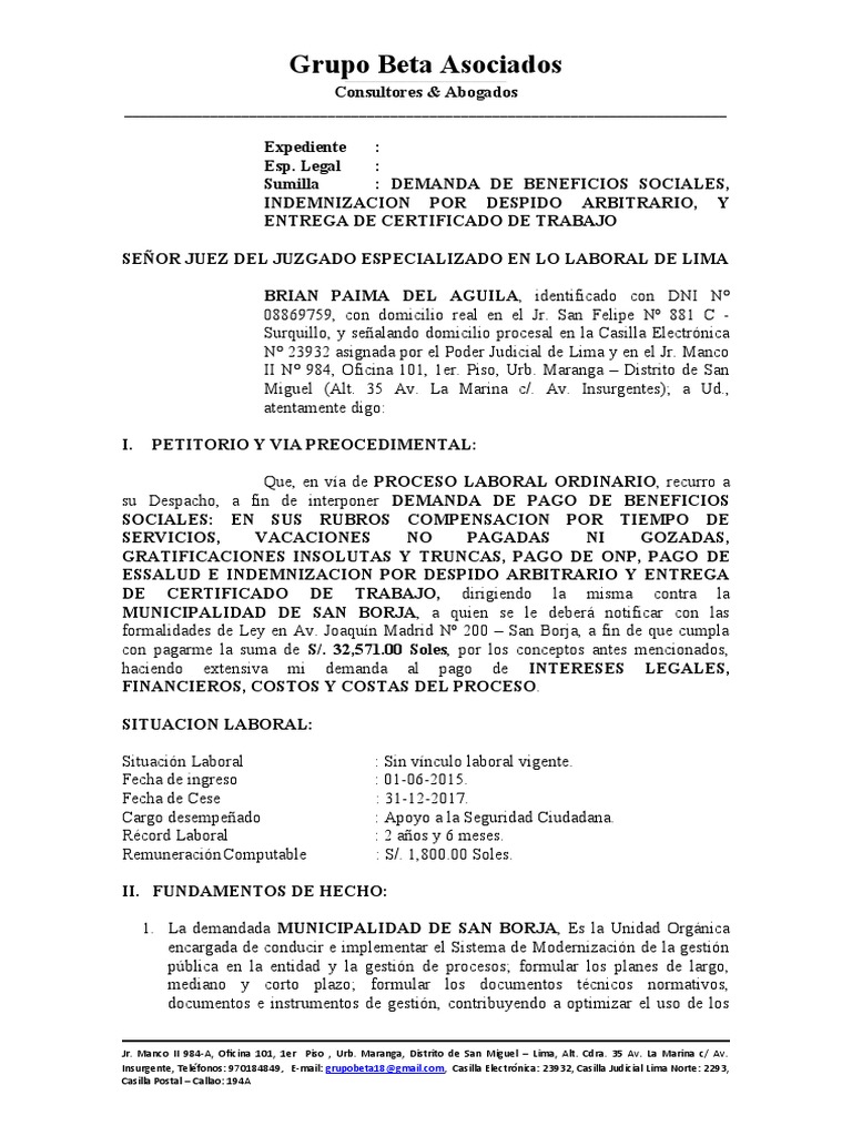 Demanda de Beneficios Sociales-PAIMA | PDF | Lima | Derecho laboral