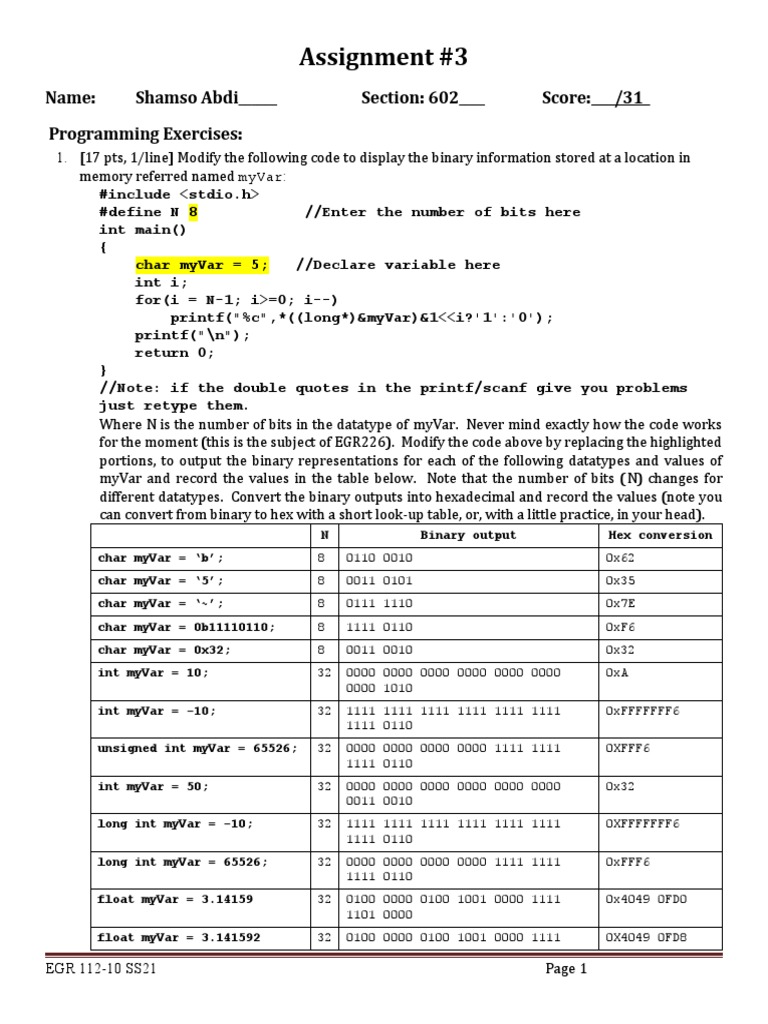 Assignment #3: Name: Shamso Abdi - Section: 602 - Score: - /31 ...