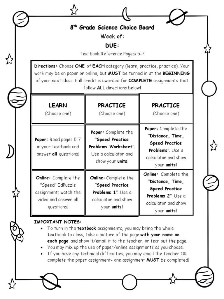 8 Grade Science Choice Board Due:: Week of | Download Free PDF | Speed