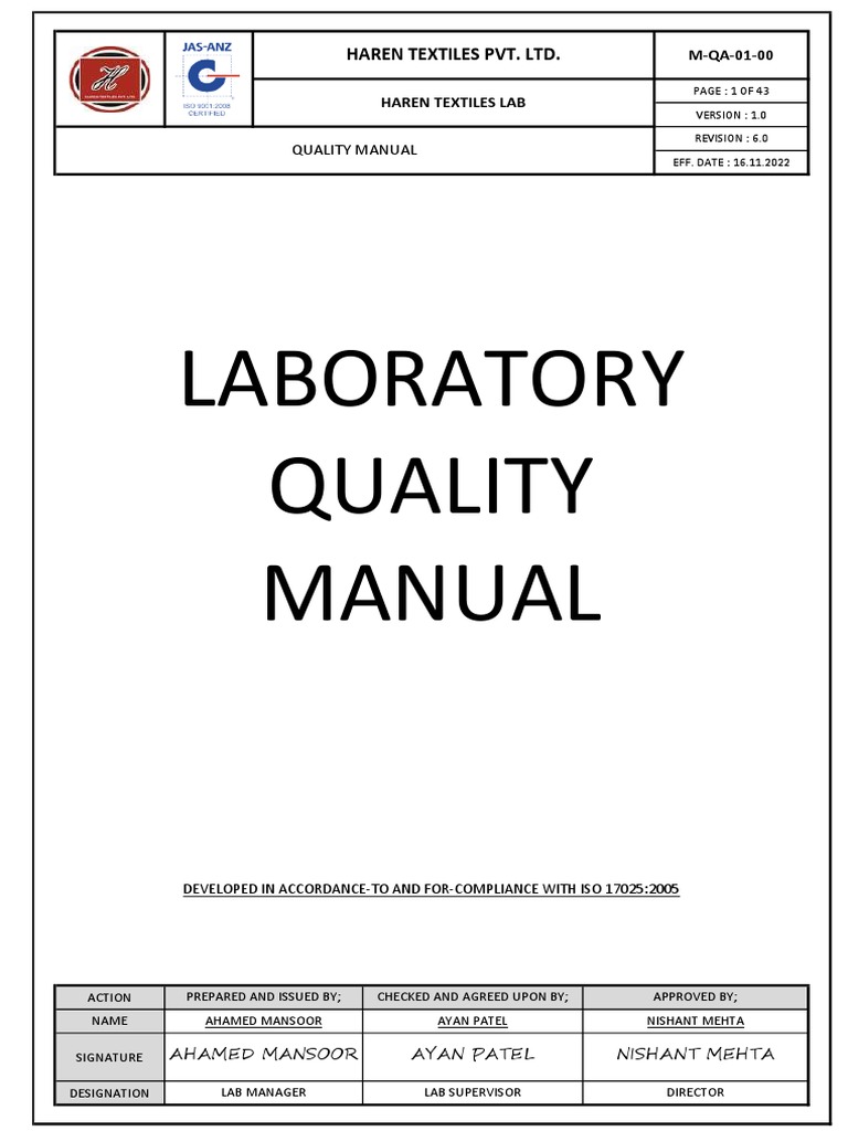 Laboratory Quality Manual: Haren Textiles Pvt. LTD | PDF | Quality Management System | Laboratories