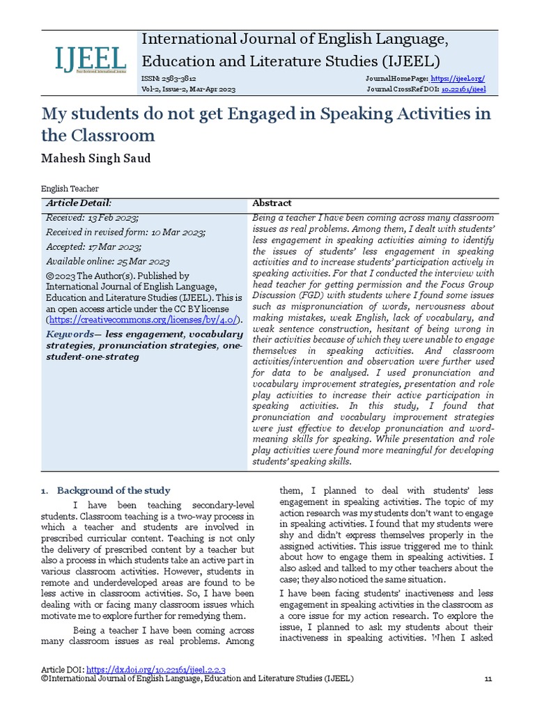 My Students Do Not Get Engaged in Speaking Activities in The Classroom ...