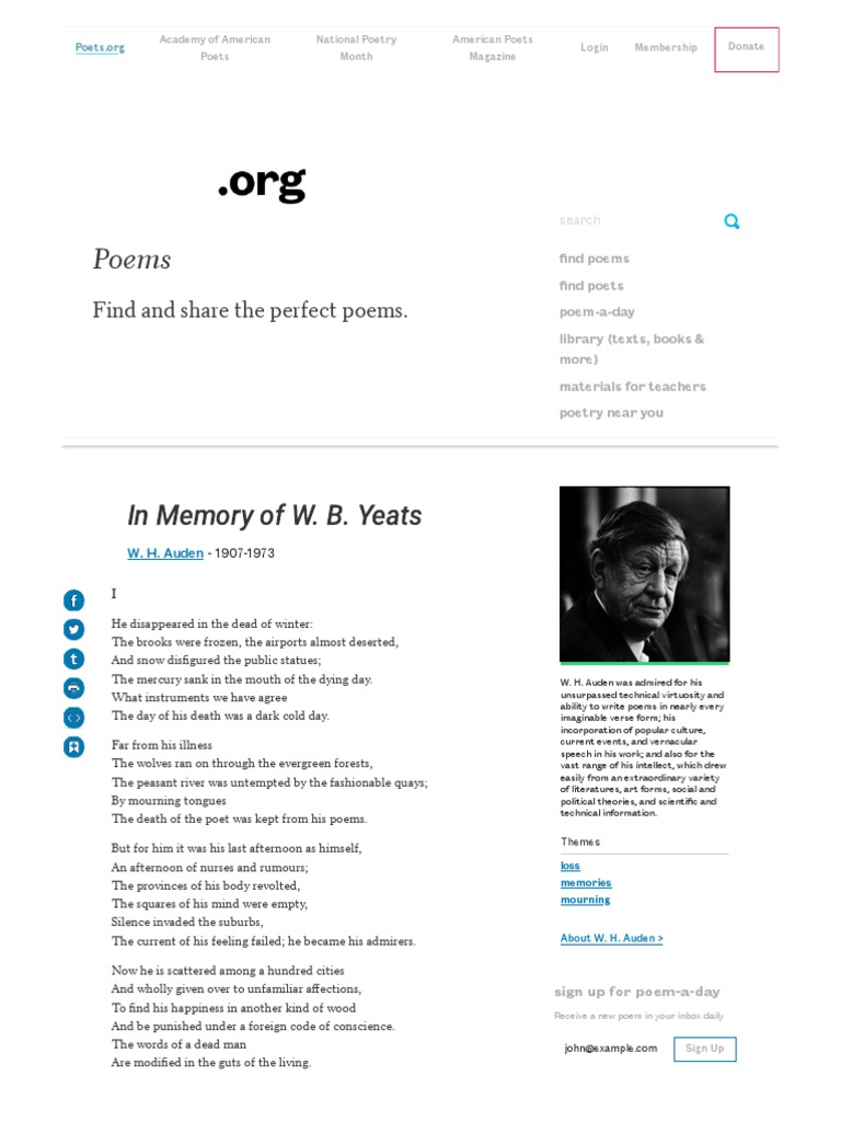 In Memory of W. B. Yeats Text by W. H. Auden - Poems | PDF | Poetry