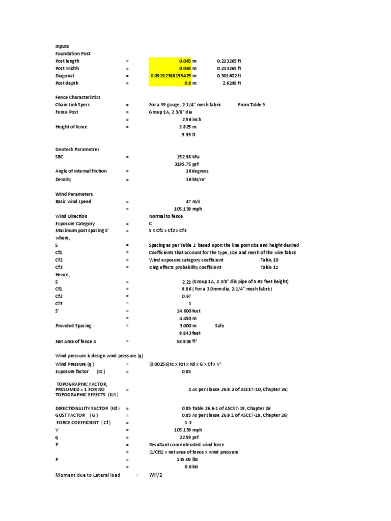 Fence Calculation | PDF | Pressure | Physical Quantities