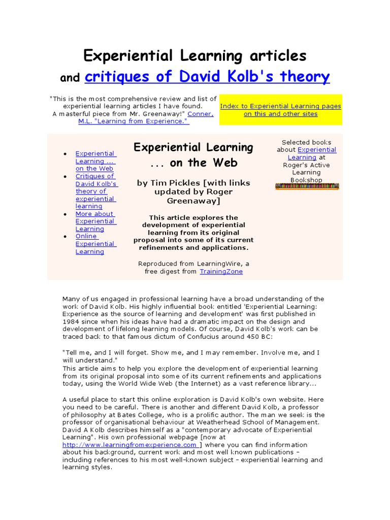 Critiques of David Kolb's Theory: Experiential Learning Articles | PDF ...