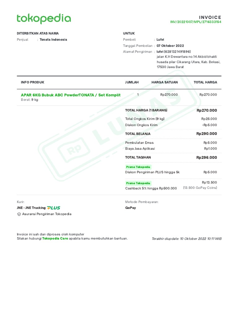 Invoice Pembelian JNE untuk Lutvi | PDF