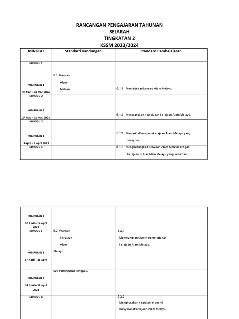RPT 2023 Sejarah Tingkatan 2 KSSM | PDF