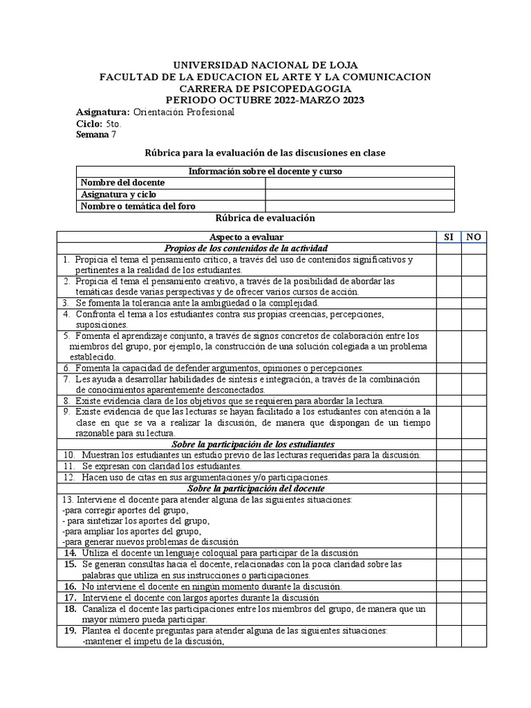 Rúbrica para La Evaluación de Las Discusiones en Clase | PDF ...
