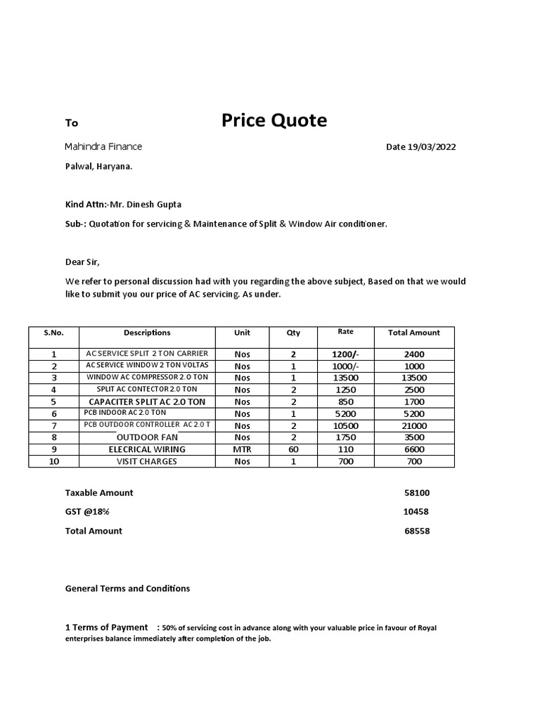 AC Servicing Quotation for Mahindra | PDF | Computers