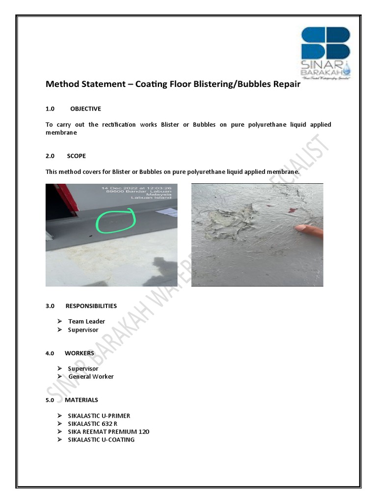 Method Statement - Coating Floor Blistering/Bubbles Repair: 1.0 Objective | PDF