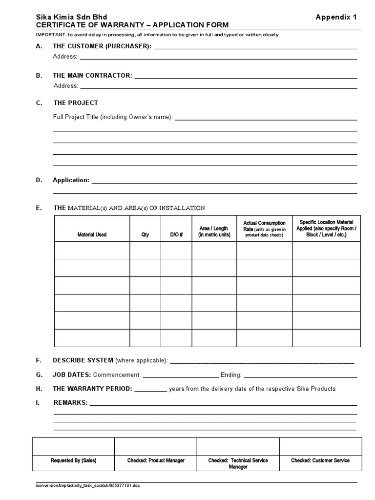 Sika Kimia SDN BHD Appendix 1 Certificate of Warranty - Application ...