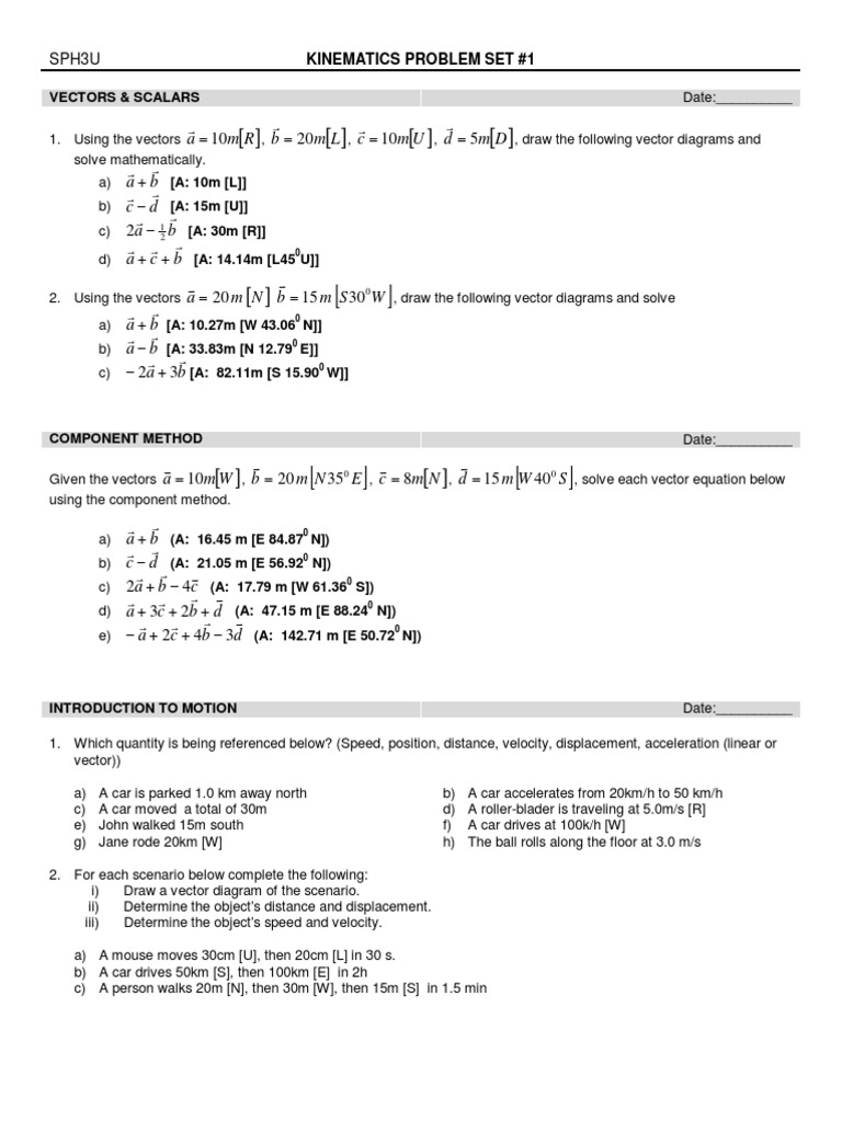 Kinematics Problem Set Vectors Scalars Component Method Introduction To Motion And Motion