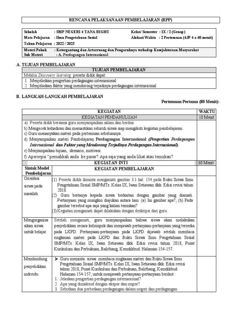 RPP IPS Kelas 9 Semester 1 | PDF