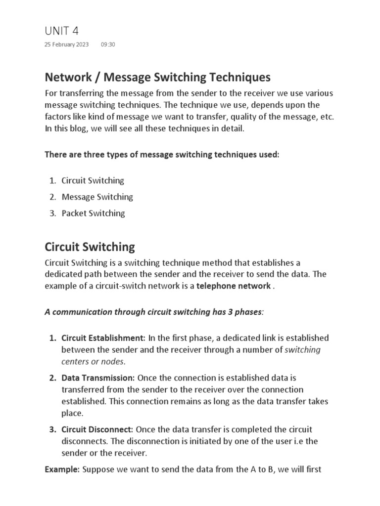 Network / Message Switching Techniques: Unit 4 | PDF | Packet Switching ...