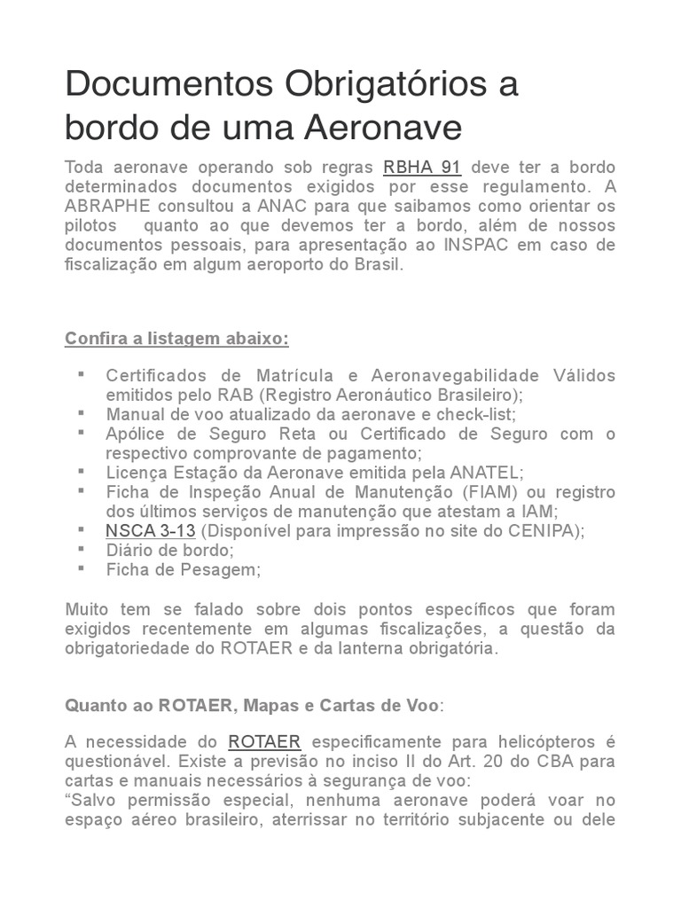 Documentos obrigatórios para voo | PDF | Voo | Aeronave