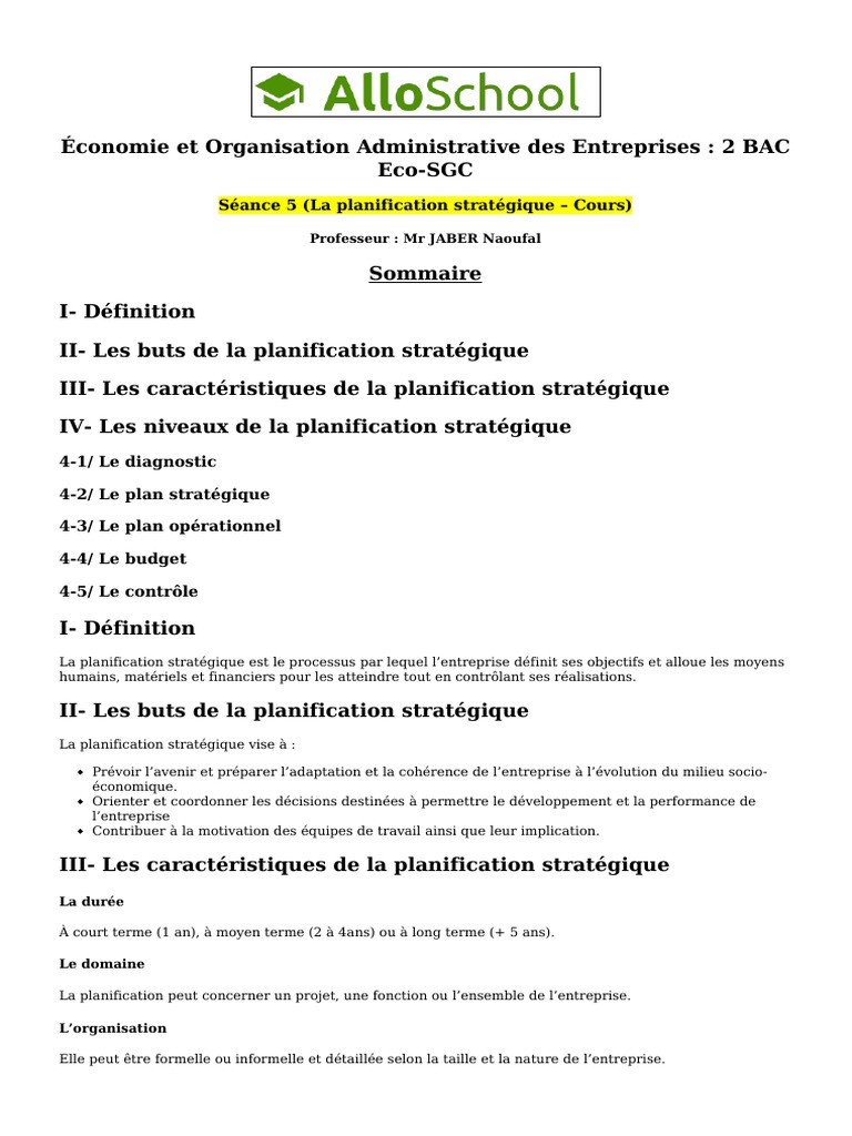 Seance 5 La Planification Strategique Cours | PDF | Planification | Business