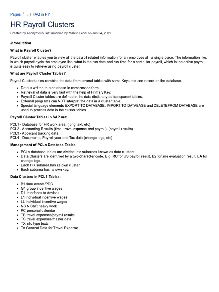 HR Payroll Clusters - ERP Human Capital Management - Support Wiki | PDF