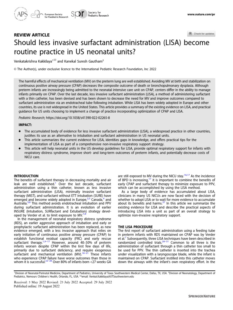 Should Less Invasive Surfactant Administration (LISA) Become | PDF ...