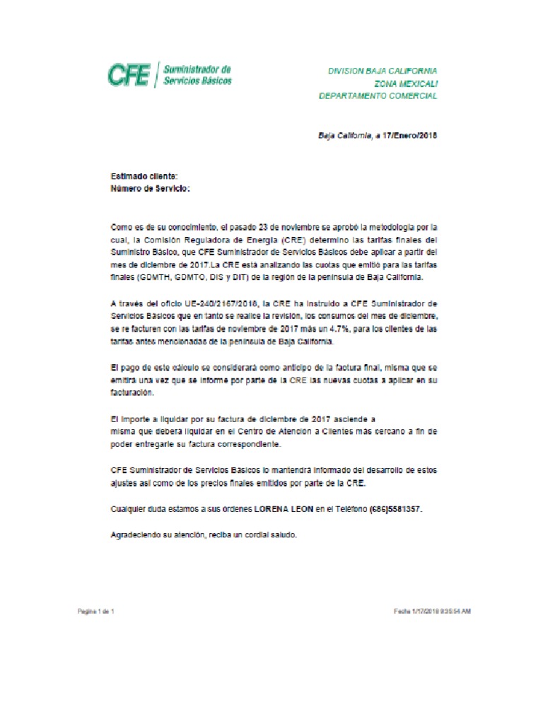 Comunicado CFE Suministro Básico | PDF