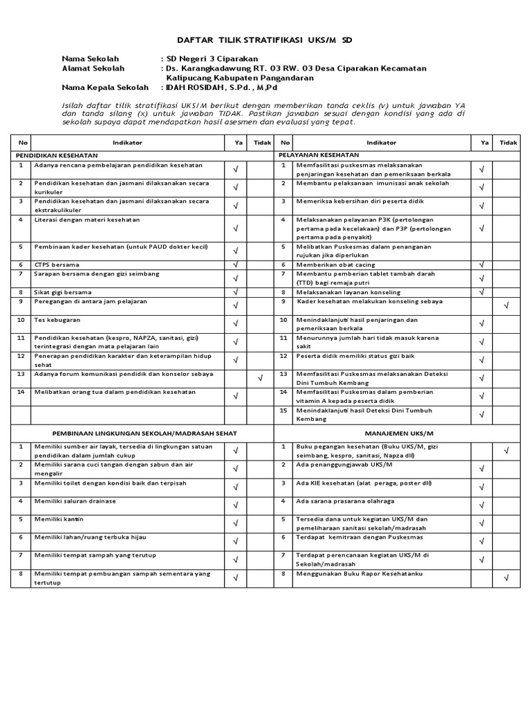 Daftar Tilik Stratifikasi Uks-Sd | PDF | Kesehatan Holistik