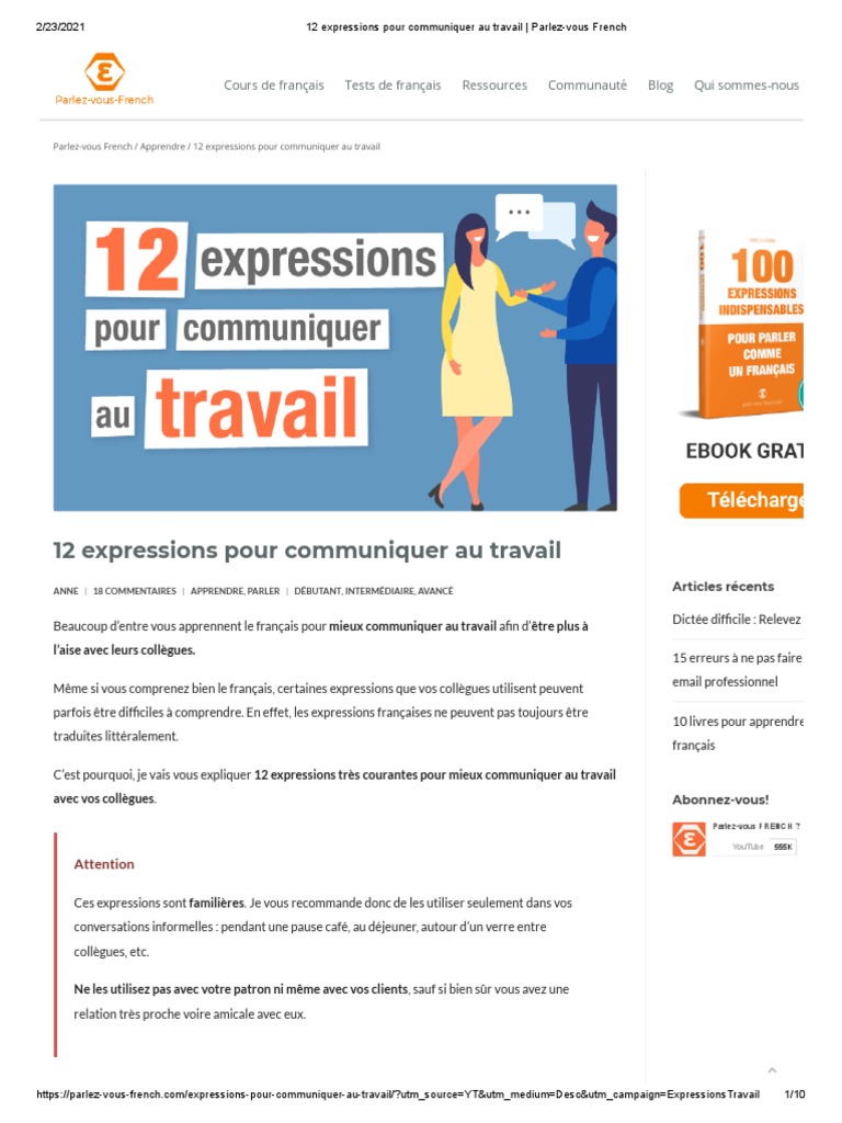 12 Expressions Pour Communiquer Au Travail - Parlez-Vous French | PDF ...