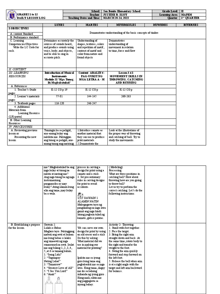 DLL Mapeh-2 Q2 W6 | PDF | Learning