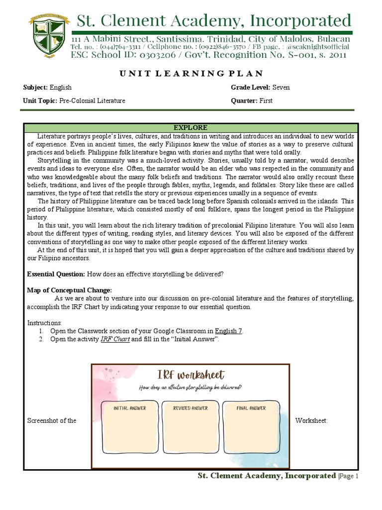 Unit-Learning-Plan-English 7 | PDF | Narrative | Storytelling