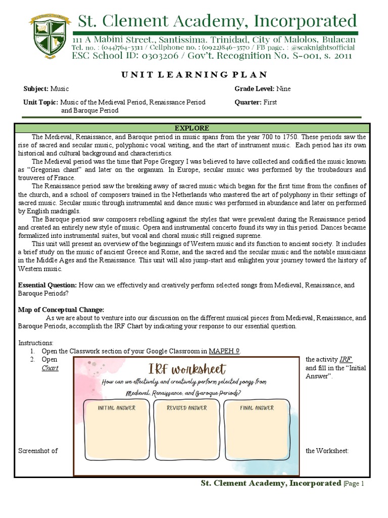 Unit-Learning-Plan-Music 9 | PDF | Choir | Baroque Music