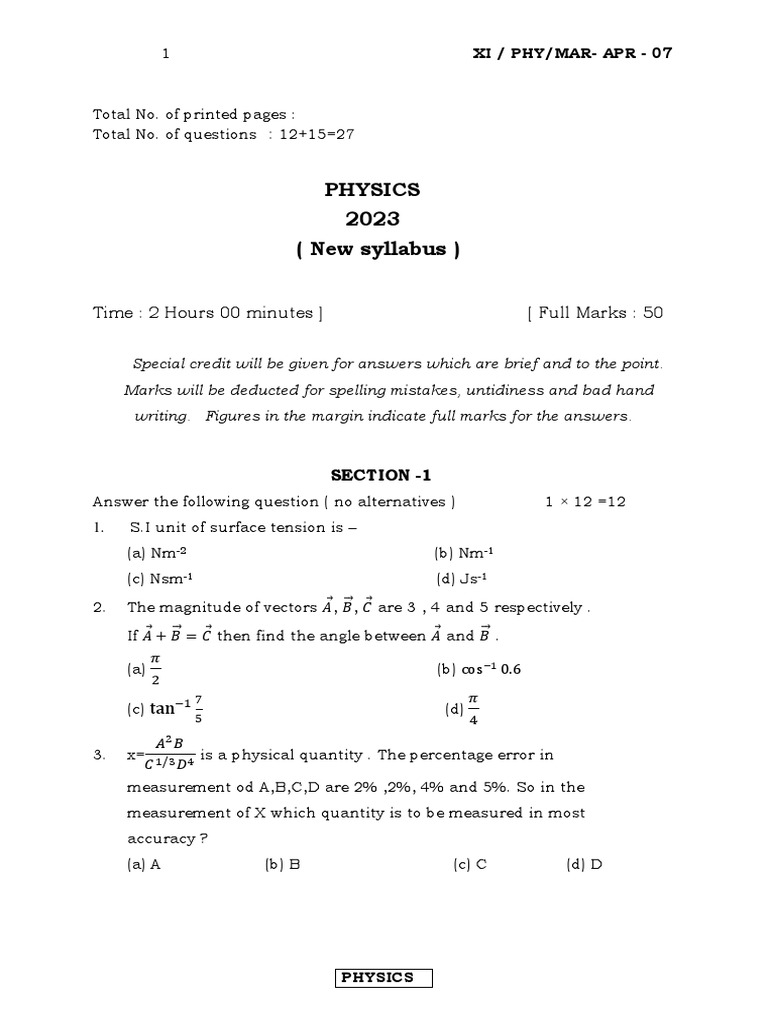 50 Marks Class Xi Question Paper | PDF | Velocity | Acceleration