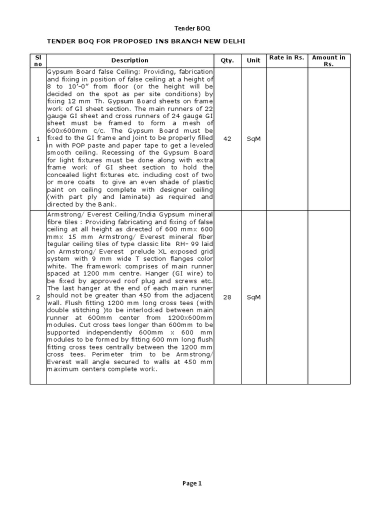 Tender Boq For Proposed Ins Branch New Delhi | PDF | Drywall | Lamination