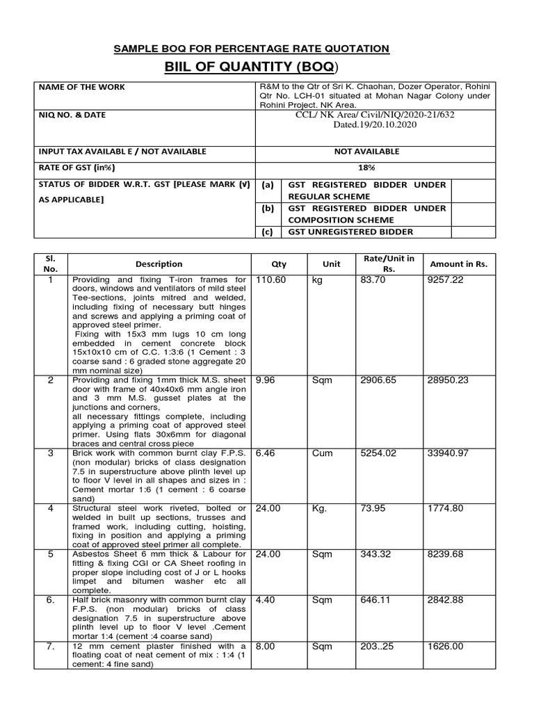 Biil of Quantity (Boq) : Sample Boq For Percentage Rate Quotation | PDF ...