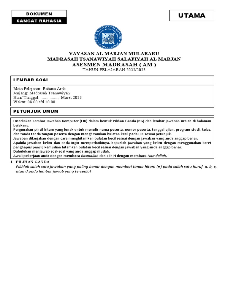 SOAL ASSESMEN MTS. 2022-2023 | PDF