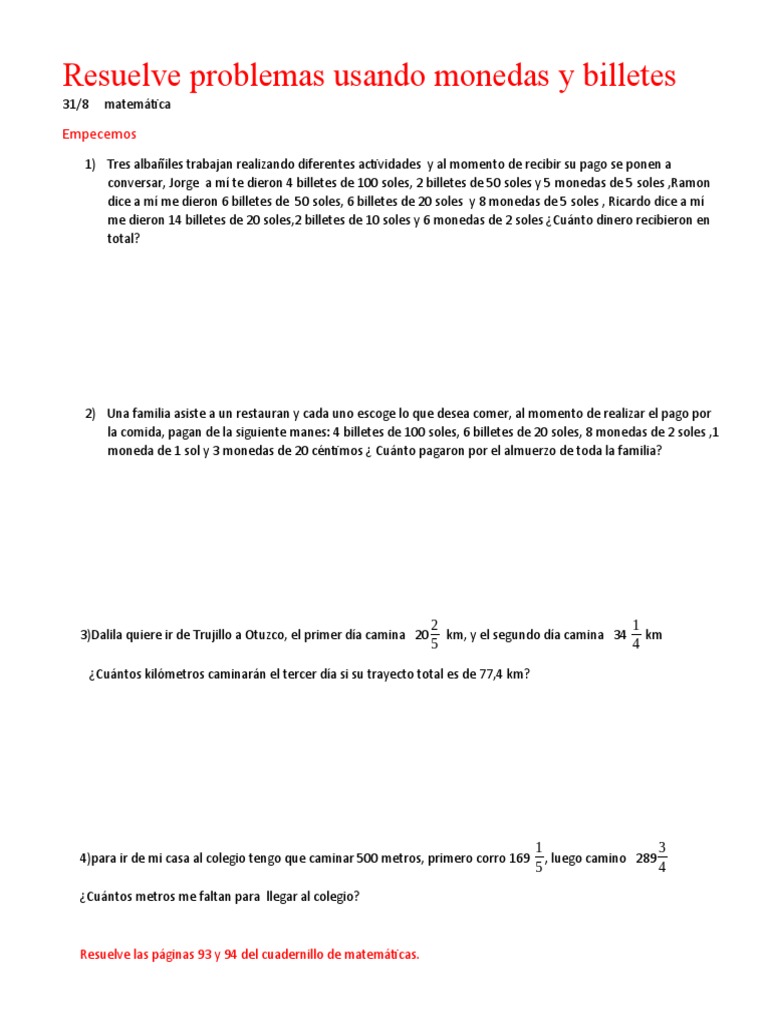Resuelve Problemas Usando Monedas y Billetes 31 | PDF